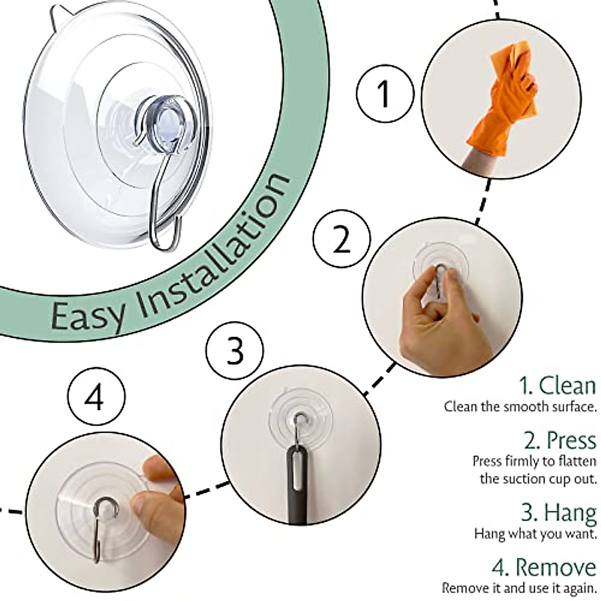 J-One Suction Cups with Hooks, 12 pcs Upgraded Window Suction Cups with Hooks Upgraded PVC Suction Cup with Stainless Steel Hook Removable, 4 Sizes Large Medium, Small Suction Cups with Hooks