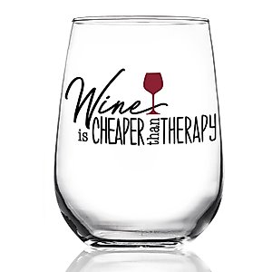 Toasted Tales Wine Is Cheaper Than Therapy Drinking Glasses | 15 oz Stemless Bachelorette Wine Glasses | Cute Wine Glass Tumbler | Glassware For Novelty Gifts | Girls Weekend Gifts For Women
