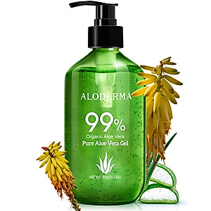 Aloderma 99% Organic Aloe Vera Gel Made within 12 Hours of Harvest - Lightweight, Non-Sticky Aloe Gel for Face Body, Hair, & Scalp, After Sun Relief, Natural, Soothing Hydrating Aloe Gel, 10.6oz