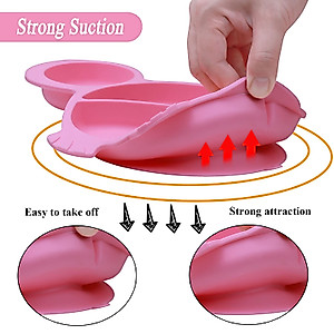 NICINGU Silicone Suction Plate spoon fork sets for Toddlers,Divided Plate Dish Placemat Bowl for Baby Kids Infant Self Feeding Training，Fits Most Highchairs, BPA Free Microwave Dishwasher Safe-Pink