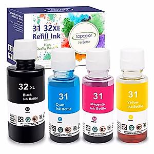 Topcolor Compatible Ink Bottle Replacement for HP 31 32XL Ink for HP Smart-Tank 7301 6001 7602 5101 7001 Plus 551 651 455 457 450 All-in-One Ink-Tank Printer, 165mL Black, 100mL Cyan Magenta Yellow