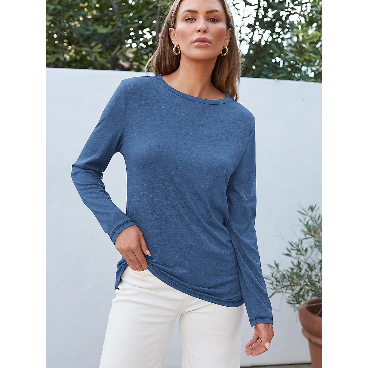 AUTOMET Womens Long Sleeve Round Neck Shirts Basic Tee Fall Tops Outfits Clothes 2025 01blue XL