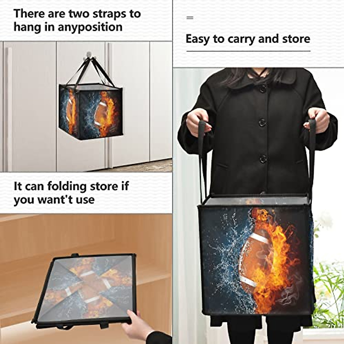 Blueangle Water Fire Football Cube Storage Bin with Handles, 10.6 x 10.6 x 10.6 in, Large Collapsible Organizer Storage Basket for Home Décor（1031）