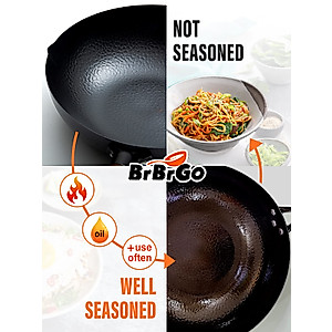 BrBrGo Carbon Steel Wok Pan, 5 Piece Authentic Chinese Wok & Stir-Fry Pans Set with Wooden Lid, No Chemical Coated Flat Bottom Chinese Woks Pan for All Stoves-13“