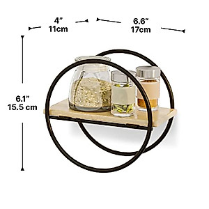 BENOLDY, Circle Mini - Luxury Varnished Pine Wood Floating Shelf - Black Metal Frame Mini Wall Decor Shelves for Bathroom, Living Room, Bedroom and Kitchen