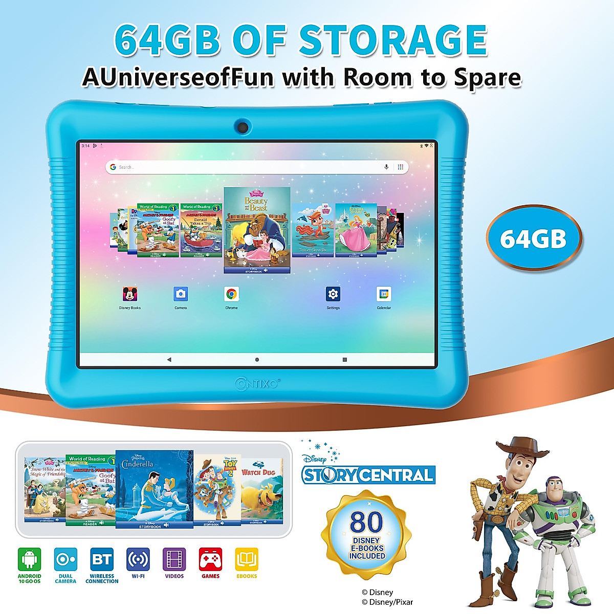 Kids Tablet, Contixo K102 10 Inch Kids Learning Tablet Bundle with $300 Disney E-Books, Kids Wireless Headphone and 10-inch Tablet Bag, with Kickstand and Stylus, Blue-Set