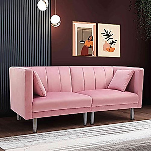 Cotoala Catalina Convertible Futon Sofa Bed, Modern Velvet Tufted Upholstered Loveseat Folding Couch with 2 Pillows and Metal Legs, Adjustable Backrest and Detachable Armrests, Pink