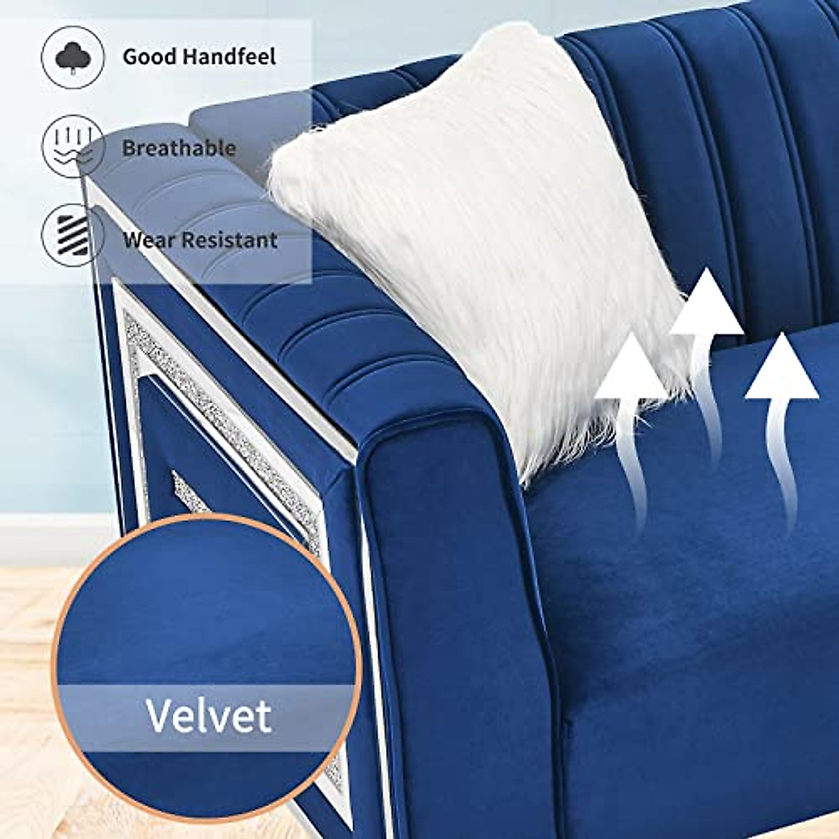 CALABASH 3-Seater Sofa with Mirrored Side Trim with Faux Diamonds and Metal Legs, Channel Tufted Velvet Couch with 2 Pillows (Blue, 3 Seater Sofa)