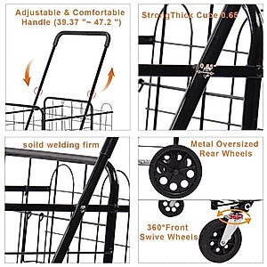 XYYSSM Iron 1200mm Telescopic Armrest 0.8mm No. 16 Round Tube 50kg Black Foldable Shopping Cart, Shopping Cart with Dual Swivel Wheels for Groceries - Compact Folding Portable Cart Saves Space