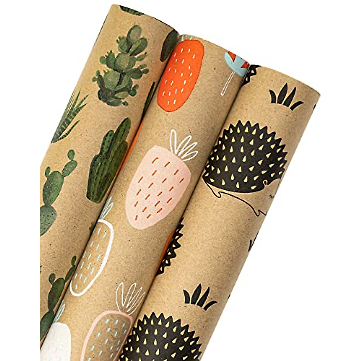 MAYPLUSS Kraft Wrapping Paper Roll - Mini Roll - 17" X 120" Per roll - Fruit/Cactus/Hedgehogs Design (42.3 sq.ft.ttl)