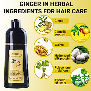 TSSPLUS Hair Dye Shampoo 3 in 1, Ginger Essence Black Hair Dye 16.9 Fl Oz, Black Hair Shampoo, Semi-Permanent Hair Color For Men and Women, 100% Gray Hair Coverage, Safe and Hair herbal shampoo