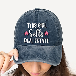 Pishovi This Girl Sells Real Estate Distressed Washed Blue Baseball Cap, Vintage Adjustable Cotton Cap, Birthday Gifts for Colleagues Friends, Real Estate Gifts to Realtors Mom