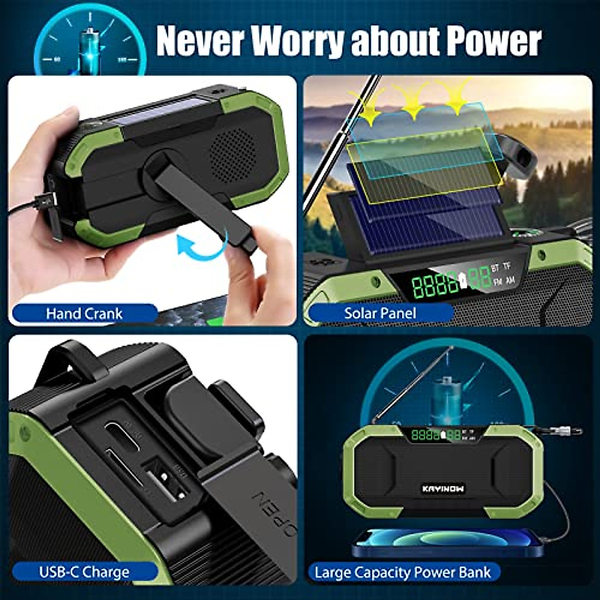 Emergency Hand Crank Solar Radio,Waterproof Bluetooth Speaker,AM FM NOAA Portable Digital Weather Radio with Flashlight,Reading Lamp,5000mAh Cell Phone Charger,SOS Alarm,Compass,Survival Camping Gear