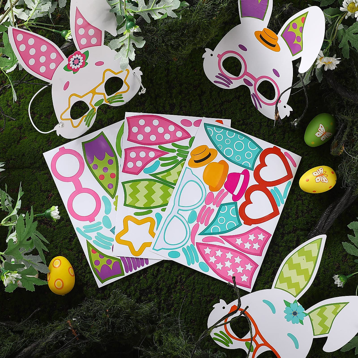 Spakon 60 Pieces Easter Bunny Mask Craft Kits Novelty Easter Rabbits Craft Kits Personalized Bunny Characters for Kids Fun Home Activities DIY Arts Craft Self Adhesive