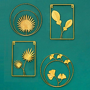 samanoya Iron Wall Sculptures,Metal Round Room Decor and Home Decor with Hanging Leaf Gingko Ornaments Great for Bedroom Hotel Wall Decoration (Gold（Round Square Suit）)