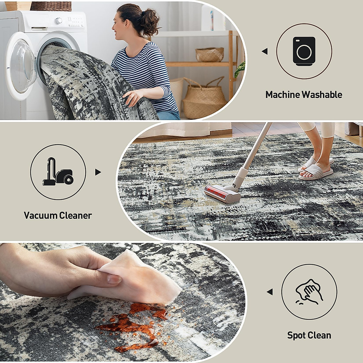 8x10 Area Rugs Washable Rug: Large Modern Abstract Living Room Rug Soft Anti-Skid Thin Carpet Indoor Floor Non-Shedding Carpets for Bedroom Dining Farmhouse Nursery Home Office Black Grey Gold