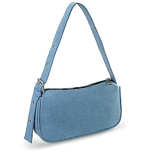 Denim 90s Shoulder Handbag Classic Women Purse with Grommets Adjustable Shoulder Strap Jeans Style Bag (Blue)