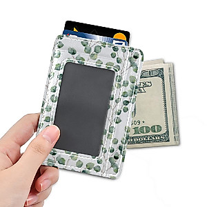 OTVEE Slim Minimalist Wallets Rfid Blocking Card Wallets PU Leather Front Pocket Wallets for Men and Women (Fresh Green Plant Eucalyptus Leaves)