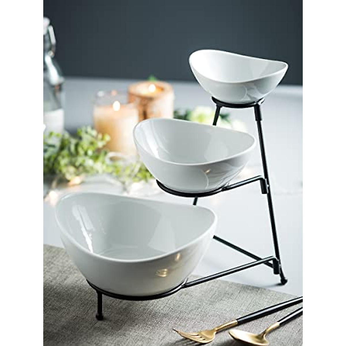 Miamolo Triple Ceramic Serving Bowl Set with Stand - White Serving Tiered Stand,Set of 3 Oval Bowl Set Perfect for Table Decoration Set Party Chip Rack Display Salad Bar Serving Set - Black Stand