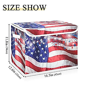 innewgogo American Flag Firework Storage Bins with Lids for Organizing Large Collapsible Storage Bins with Handles Oxford Cloth Storage Cube Box for Car