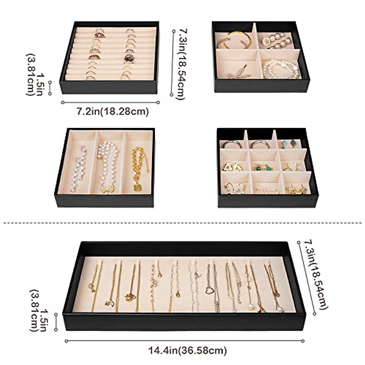 ProCase Jewelry Organizer Jewelry Tray Jewelry Drawer Inserts, Set of 5 Stackable Jewelry Drawer Dividers Container Necklace Display Trays Storage Box for Dresser Earring Rings Bracelet - Black