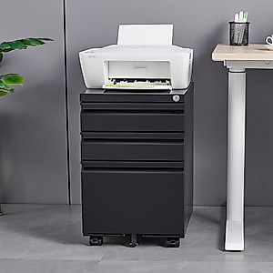 Gustonhon 3-Drawer Mobile File Cabinet with Lock,Under Desk Home Office Storage Filing Cabinet for Legal/Letter Size, Pre-Assembled Metal File Cabinet Except Wheels (Black)