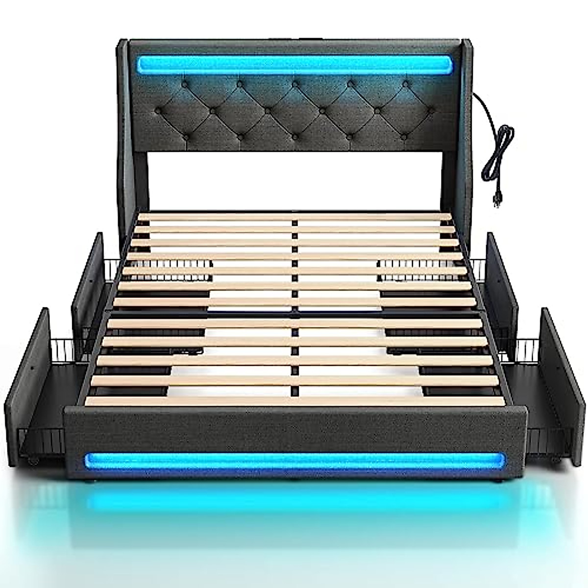 Rolanstar Queen Bed Frame with 4 Storage Drawers, Charging Station and LED Lights, Upholstered Platform Bed with Heavy Duty Wooden Slats, No Box Spring Needed, Noise Free, Easy Assembly, Dark Gray