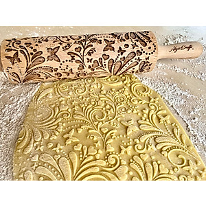 ROLLING PIN SPRING WOODDEN EMBOSSING ROLLING PIN with BUTTERFLIES and FLOWERS EMBOSSED COOKIES GIFT FOR MOTHER FRIEND