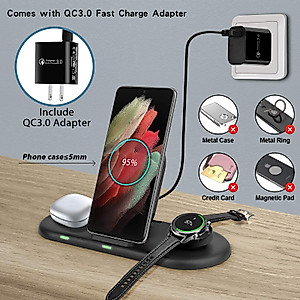 Wireless Charging Station 3 in 1, Fast Wireless Charger for Samsung Galaxy Watch 4, Active 2 Series and Galaxy Buds Series, Phone Charger Stand Dock Compatible with Samsung Galaxy S22 S20 Note(Black)