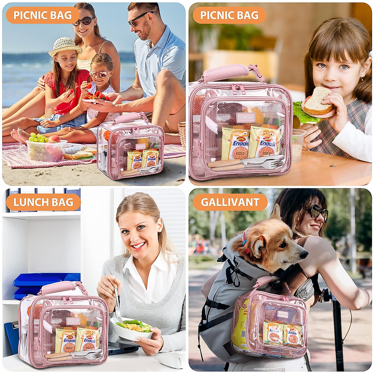 BORMELUN ® Large Pink Clear Lunch Bags for Girls,See Through Plastic Lunch Box，Tote Handle for Women,Office,School Picnic(11x9x6 inches)