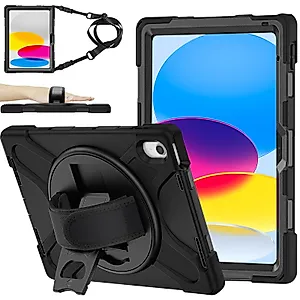 ZenRich iPad 10th Generation 10.9'' Case 2022, A2757/A2777/A2696 Full-Body Drop Protection Rugged Case with [Pencil Holder] [360° Rotate Kickstand Hand Strap] [Shoulder Strap], Black