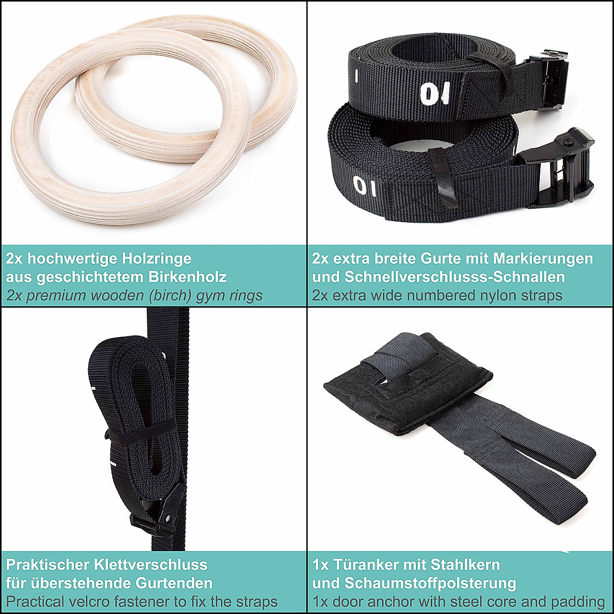 PULLUP & DIP Premium Gymnastic Rings, Wooden Gym Rings for Calisthenics - Wide Straps with Length Markings + Door Anchor + Carry Bag + Exercise Guide, Calisthenics Rings