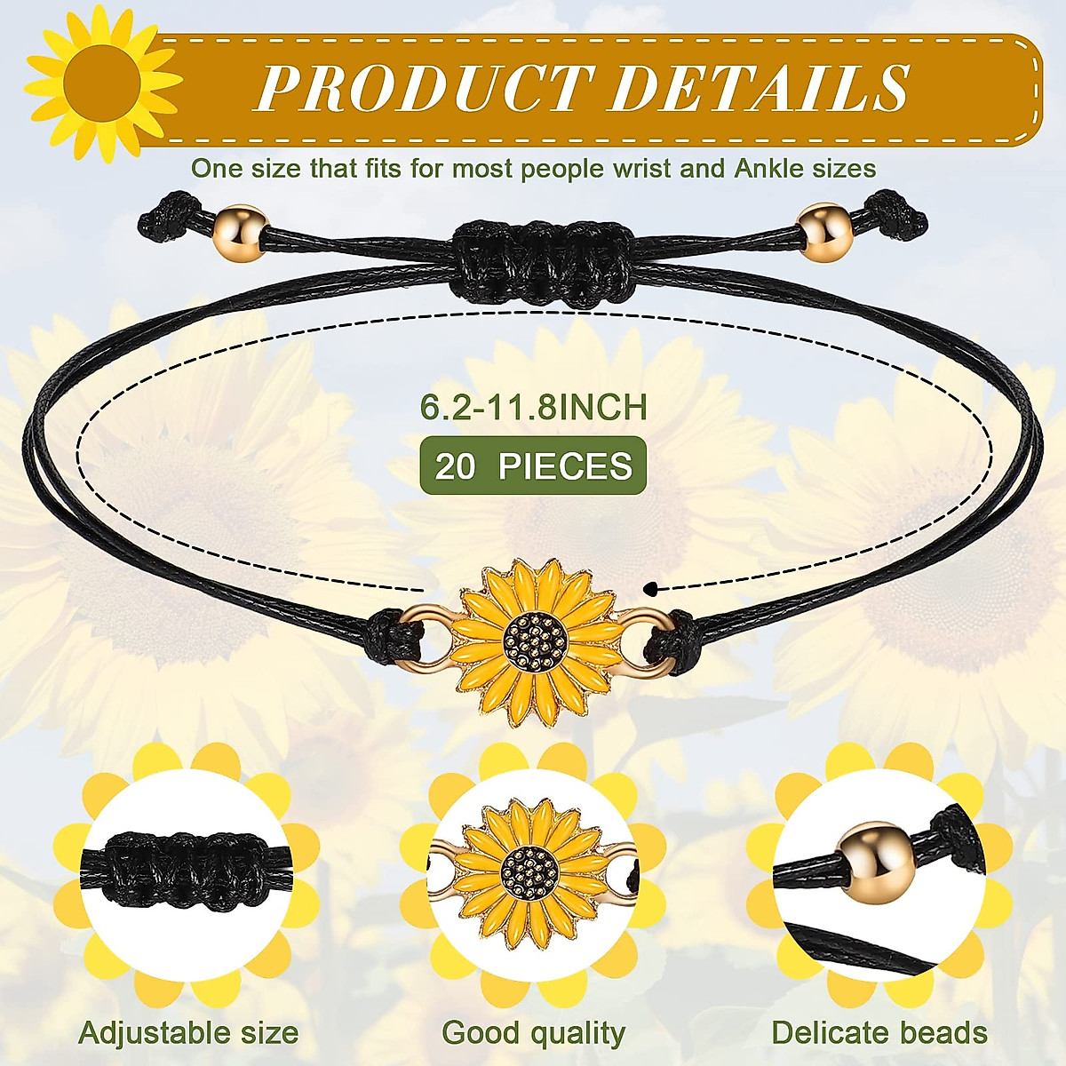 20 Pcs Sunflower Bracelets Adjustable Handmade Friendship Bracelet Bulk Boho Braided Rope String Bracelets for Women Teen Girls Couples Wrist Friend Gift Favors (Black)