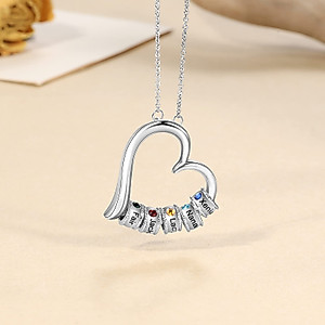 Wamantic Personalized Women's Pendant Necklace 925 Sterling Silver with 1-5 Simulated Birthstone Names Customized Heart Shape Cubic Zirconia Necklace For Christmas Gifts (5 Name&5 Stone)