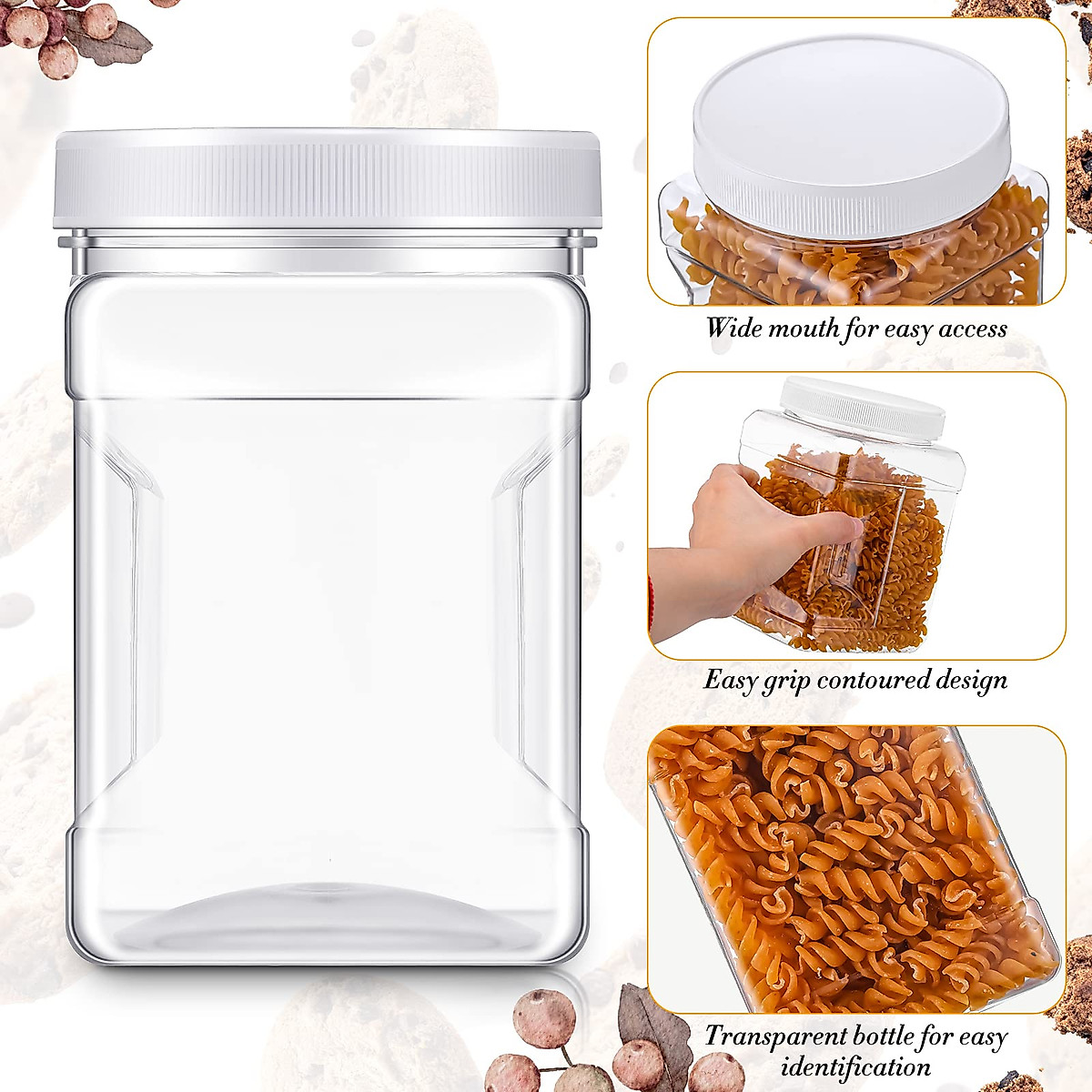 12 Pack Clear Plastic Storage Jars with Lids, 27 oz Square Plastic Containers with Airtight Lids, Paint Storage Containers with Easy Grip Handles, Reusable Wide Mouth Plastic Canisters with Lids