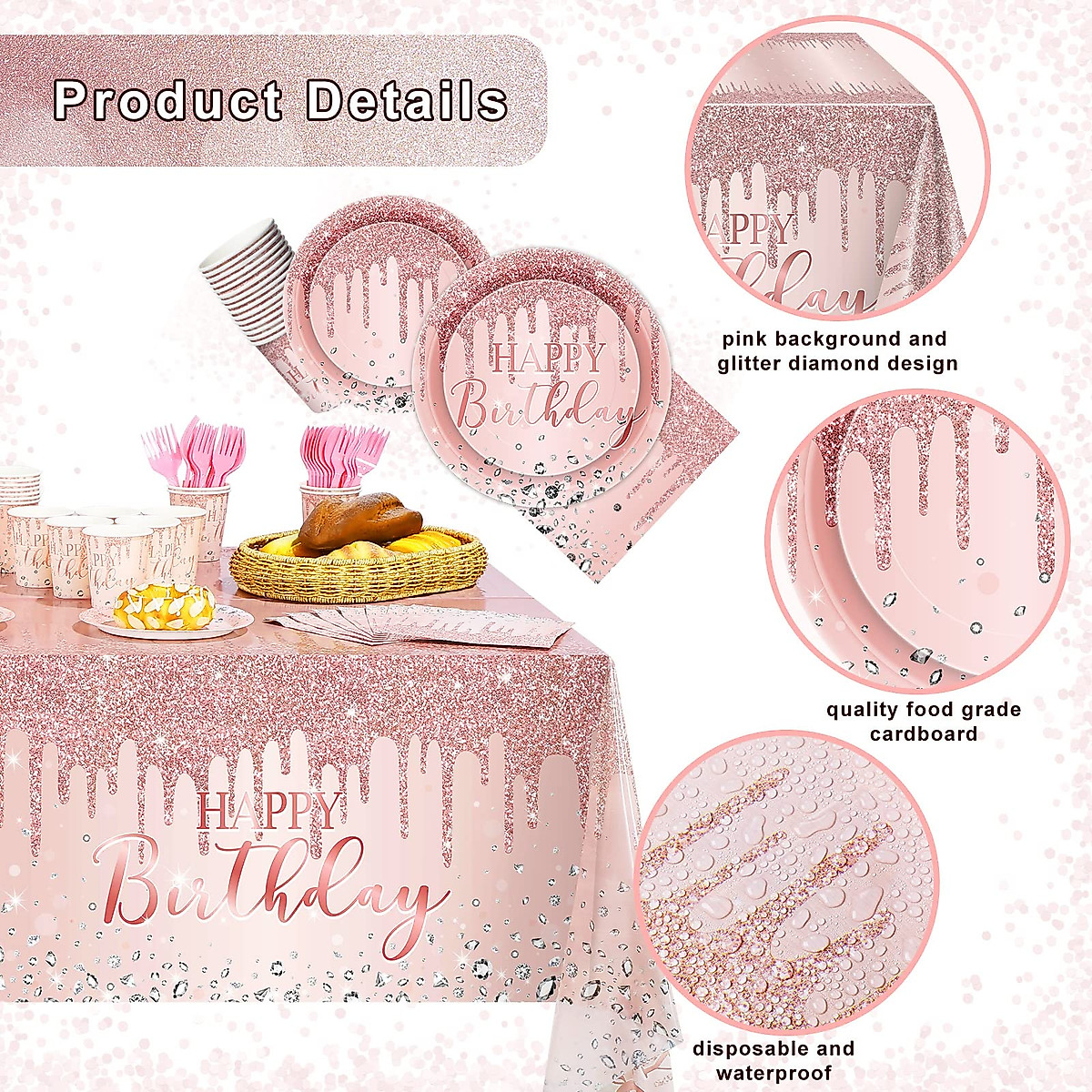 Roshtia 171 Pcs Pink Rose Gold Birthday Party Supplies Pink Birthday Tableware Set Rose Gold Party Plates and Napkin Tablecloths with Banner and Forks Knives Spoons Serve 24 Guest