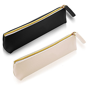 TIESOME Leather Pen Pencil Case, 2PCS Cute Slim Pen Bag Small Pencil Pouch Lovely Stationery Bag Portable Cosmetic Bag Zipper Bag for Pen Pencils Markers(Black+White)