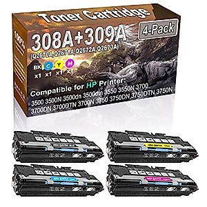 4-Pack (BK/C/Y/M) Compatible High Yield 308A 309A (Q2670A Q2671A Q2672A Q2673A) Printer Toner Cartridge use for HP 3500 3500N 3500dn 3500dtn 3550 3550N 3700 3700DN 3700DTN Printers