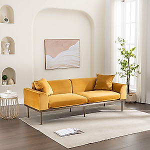 Merax 83” Mid Century Loveseat Sofa for Living Room,Velvet Small Couch Furniture with Two Pillows Metal Frame Love Seats, Mustard
