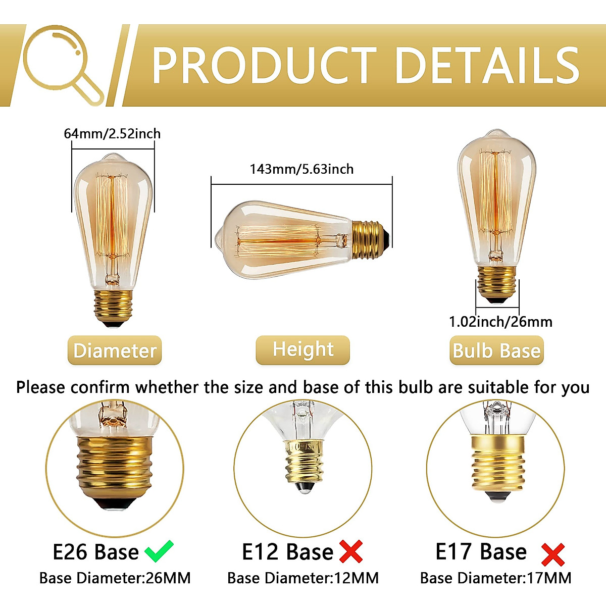 Figame ST64 Edison Bulb 60W 6 Packs, 110-130 Volts, E26/E27 Base Dimmable, Retro Edison Bulb 6 Packs, 2200k Amber Warm Yellow, Decorative Antique Filament Bulb Household Lighting Fixtures