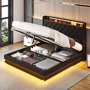 Ailisite Lift Up Storage Bed Queen with Headboard and Storage, Black Upholstered Storage Bed with Wingback Tufted Headboard, Led Queen Size Bed Frame with Charging Station, No Box Spring Needed