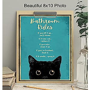 Bathroom Rules Wall Decor - Cat Bathroom Decor - Funny Bathroom Wall Art - Bath Wall Decor - Powder Room - Guest Bathroom - Restroom Sign - Blue Bathroom Decorations for Women, Kitty, Kitten Fan