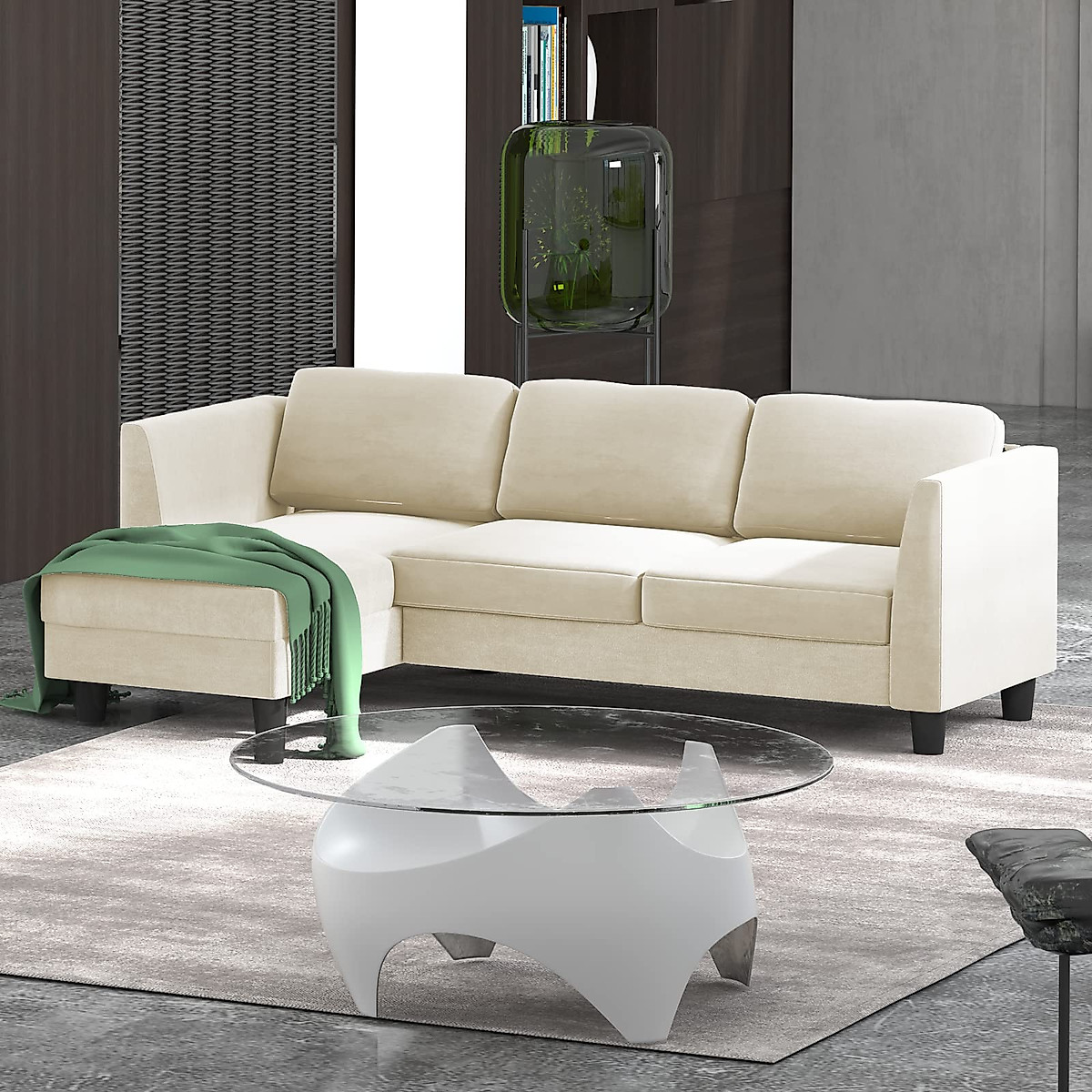 ZAFLY 87" Convertiable L Shaped Sofa Couch with Revisiable Chaise, Upholstered 3 Seat Sofa with Bbreathable Velvet Fabric for Living Room, Sectional Sofas -Beige