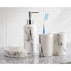 Home Basics Marble Ceramic 4 Piece Bath Accessory Set, White | Faux Marble Toilet Brush Set, White | Faux Marble 3 Liter Waste Bin, White