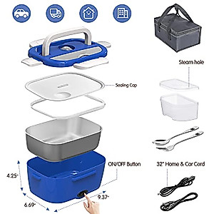 Electric Lunch Box for Car and Home COCOBELA Portable Food Warmer, 60W Faster Food Heater for Adults, 2 Compartments Removable 304 Stainless Steel Container Fork & Spoon
