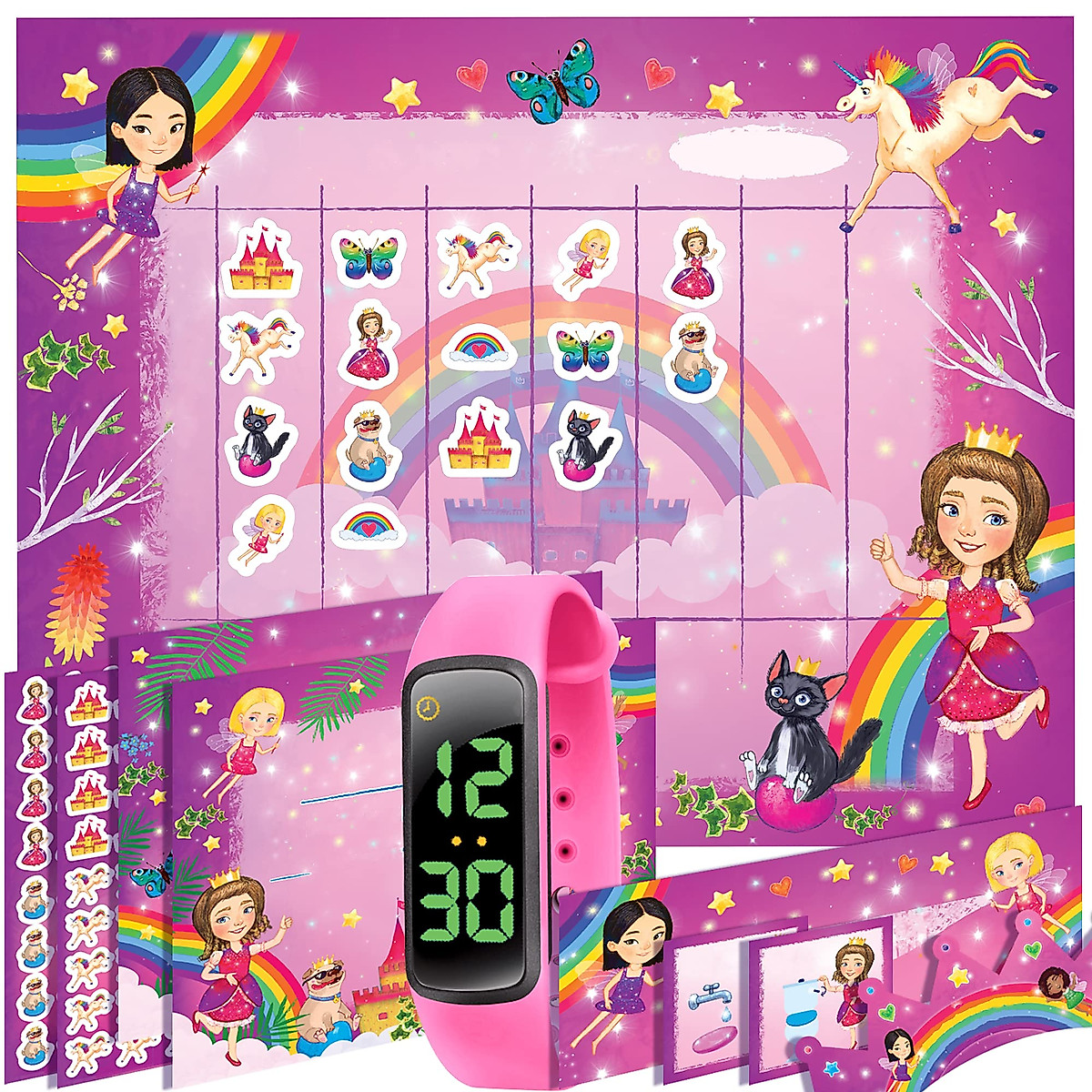 Premium Potty Training Watch & Charts Bundle - Only Watch with Multiple Alarms (16) to Fit Your Schedule & Easy to Use Smart Timer - Water Resistant - Princess Theme (Pink)