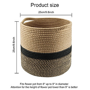 Oaixuilhy Cotton Rope Woven Storage Basket with Handles Cotton Blanket Organizer Laundry Basket Empty Gift Basket for Planter Shelf Desk Home Decor (10 x 10 Inches, Jute & Black)