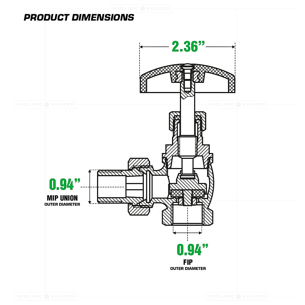 Midline Valve 6I342 Steam Radiator Valve; Air Vent Temperature Control; 1 in. FIP x Male Union; Brass