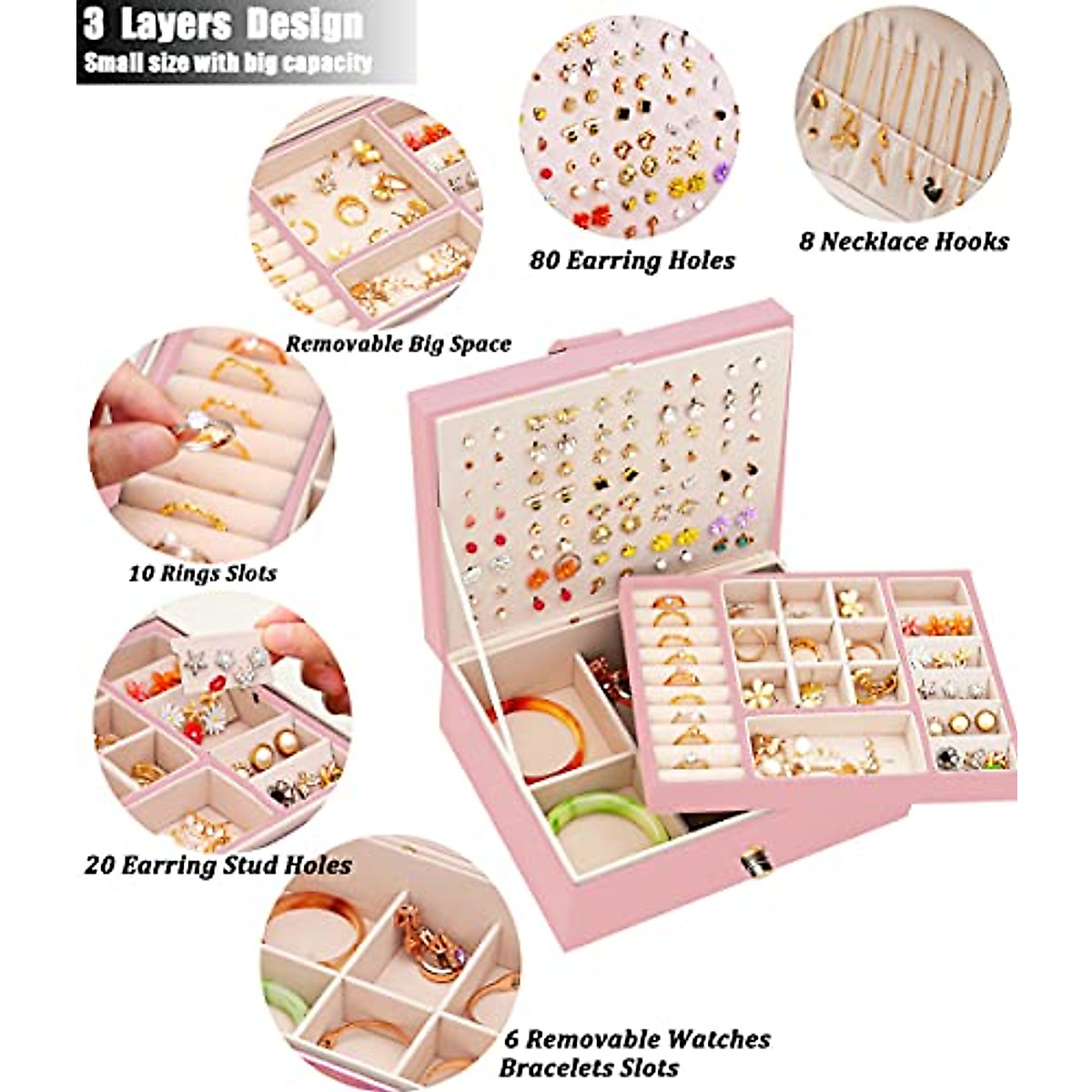 QBestry Stud Earring Organizer for Girls Stud Box for Earrings Necklace Jewelry Organizer Studs,Girls Earring Box for Womens, Holder Rings Organizer Jewelry Earring Storage Box,Pink