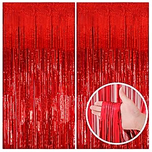 2 Pack Red Streamers Party Backdrop Christmas Decorations Foil Fringe Backdrop Curtains Carnival Casino Theme Birthday New Year Holiday Celebration Bachelorette Party Decorations Supplies